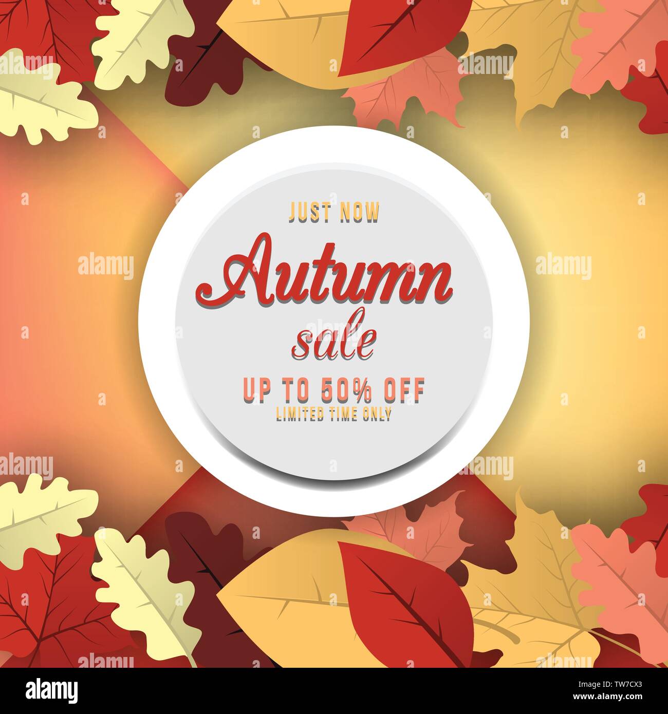 Autumn sale banner design with discount label in colorful autumn leaves ...