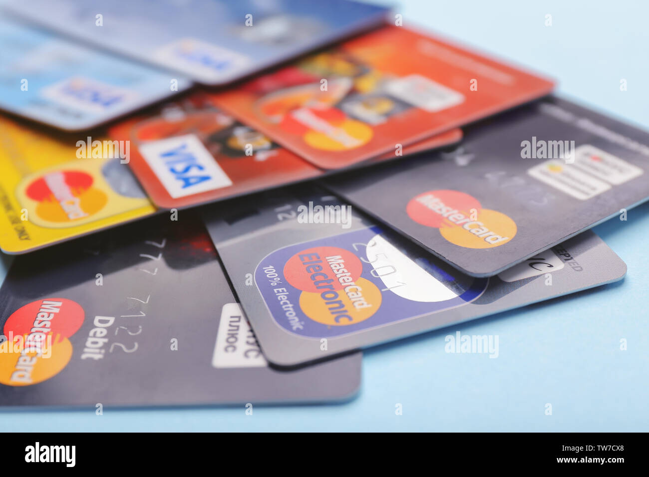 KIEV, UKRAINE - OCTOBER 2, 2017: Different Visa and MasterCard credit ...