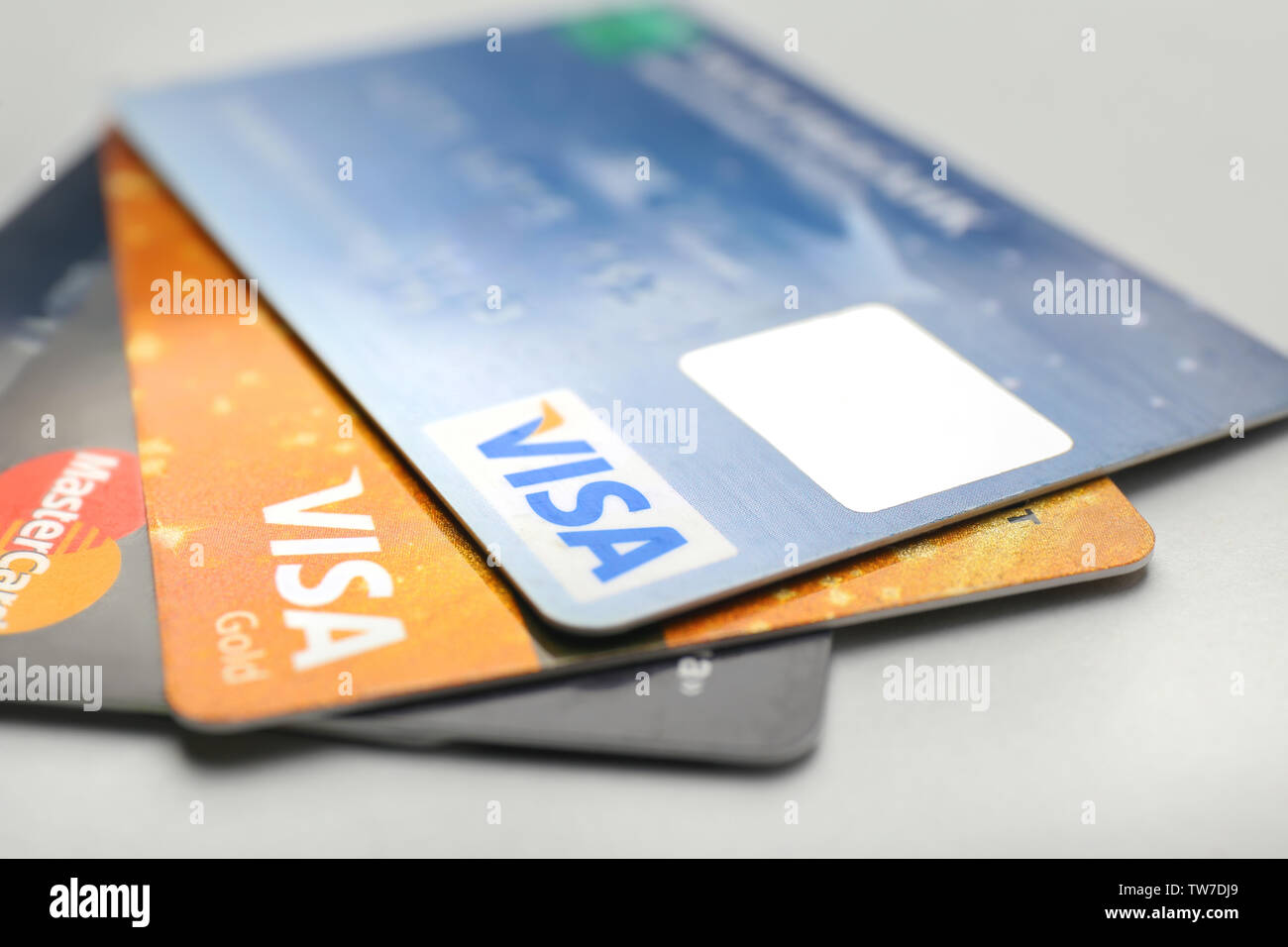 KIEV, UKRAINE - OCTOBER 2, 2017: Different Visa and MasterCard credit ...