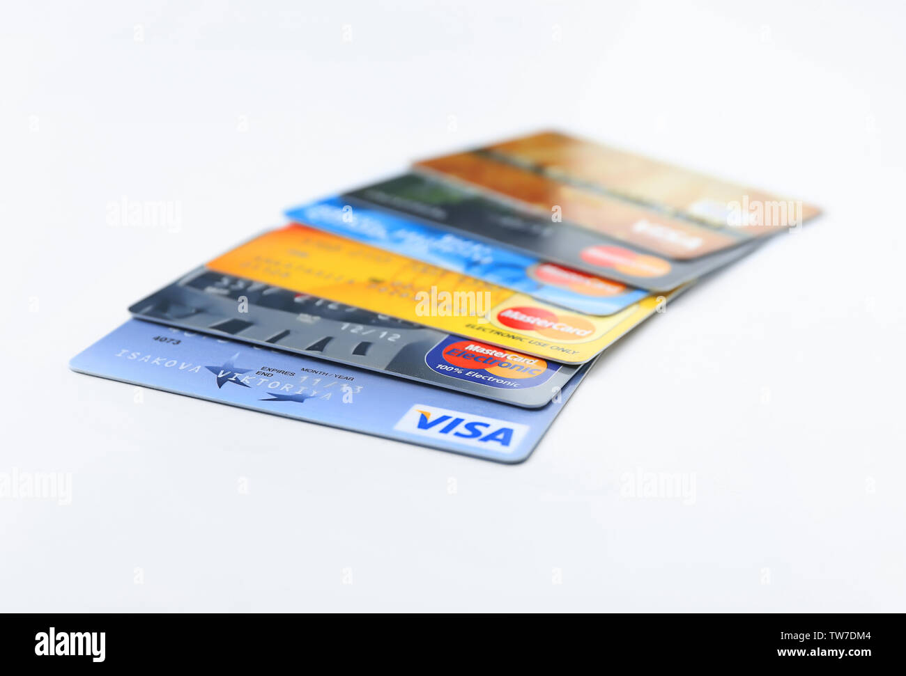 KIEV, UKRAINE - OCTOBER 2, 2017: Different Visa and MasterCard credit ...