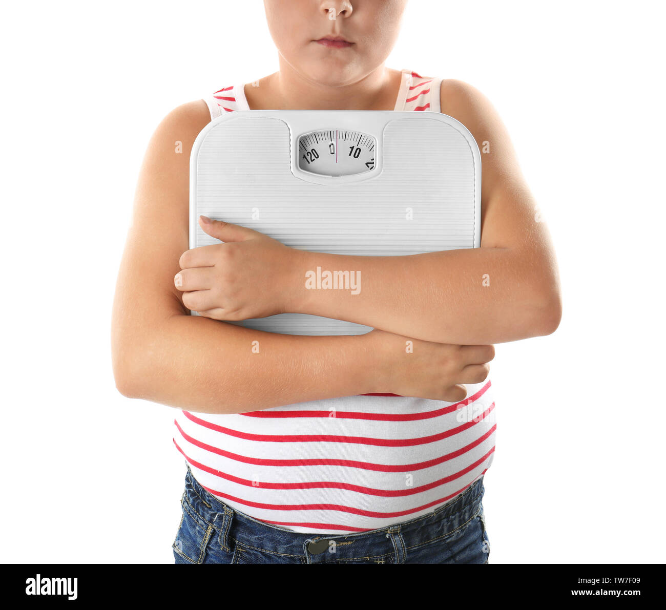 Overweight boy with scales on white background, closeup Stock Photo - Alamy
