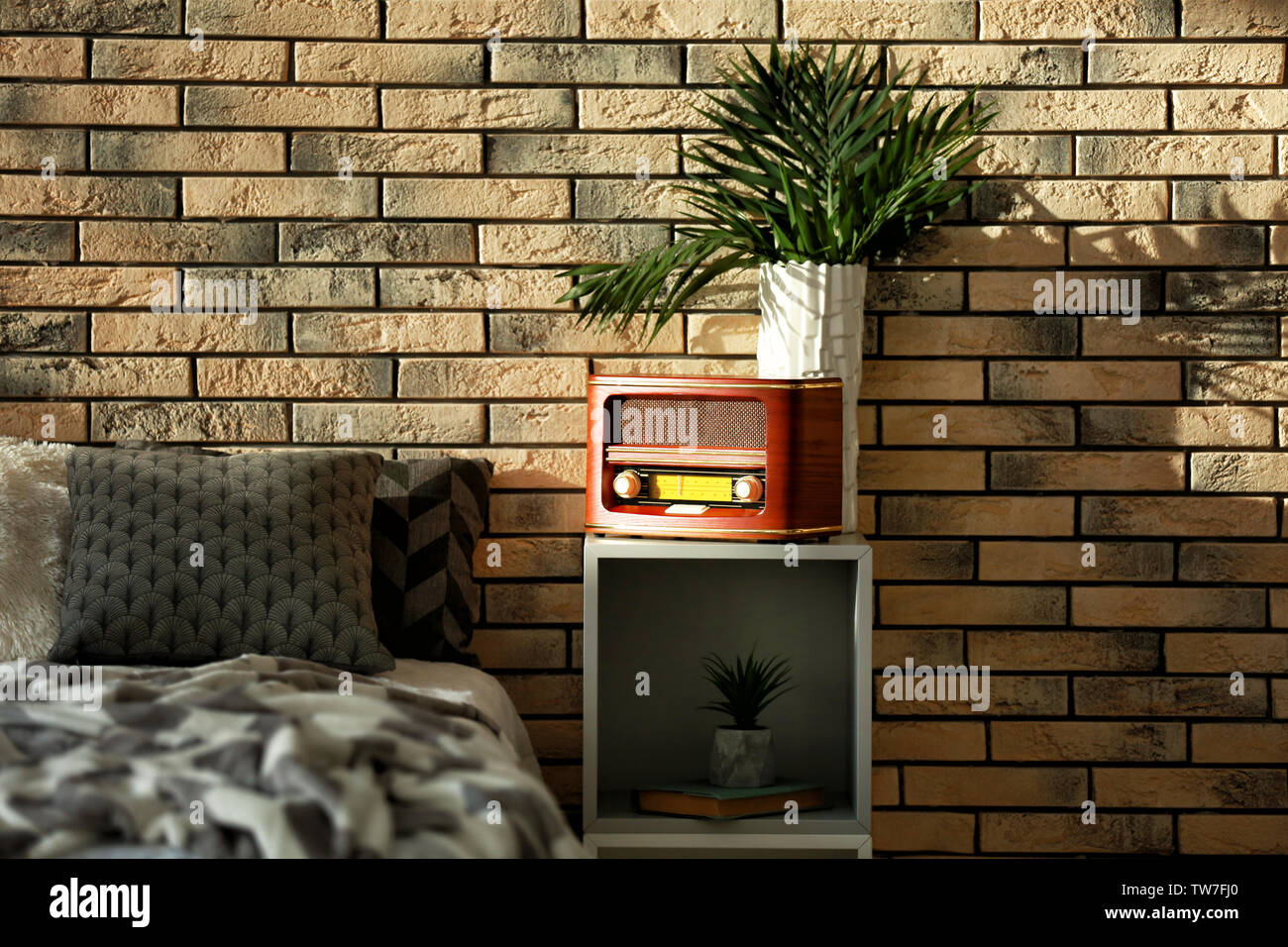 Radio receiver with retro design in bedroom Stock Photo - Alamy
