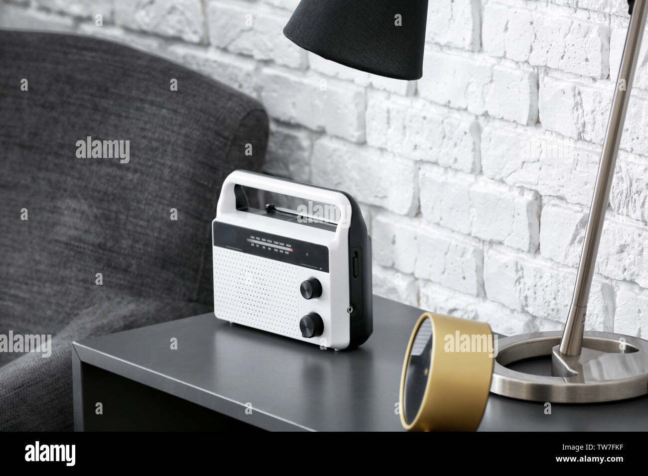 Modern radio receiver on table in room Stock Photo - Alamy