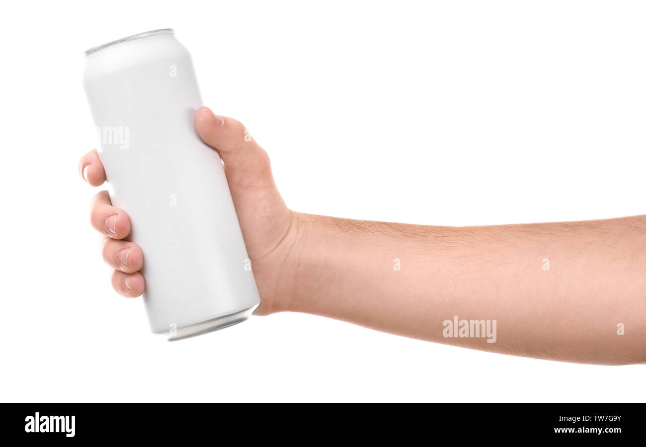 Man holding aluminum can on white background Stock Photo - Alamy