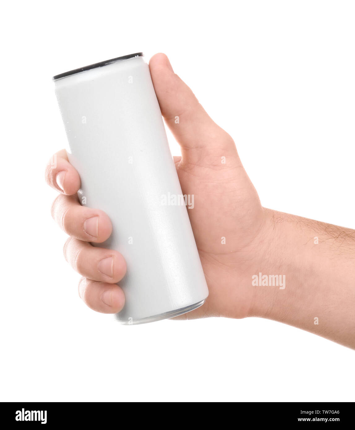 Man holding aluminum can on white background Stock Photo - Alamy