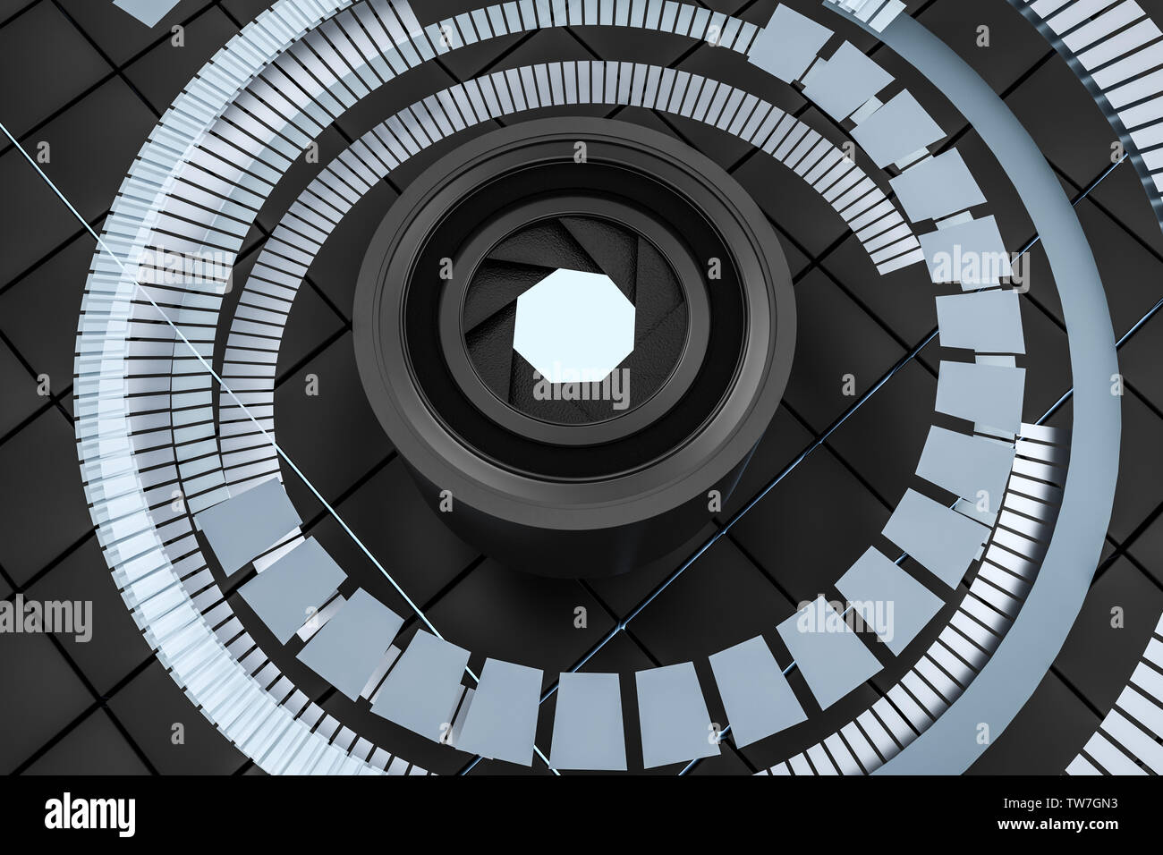 3d rendering,camera lens in a dark studio background. Computer digital ...