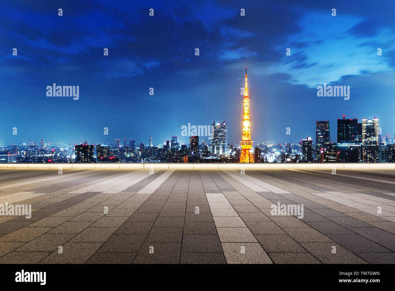 empty street with cityscape and skyline of tokyo at twilight Stock ...