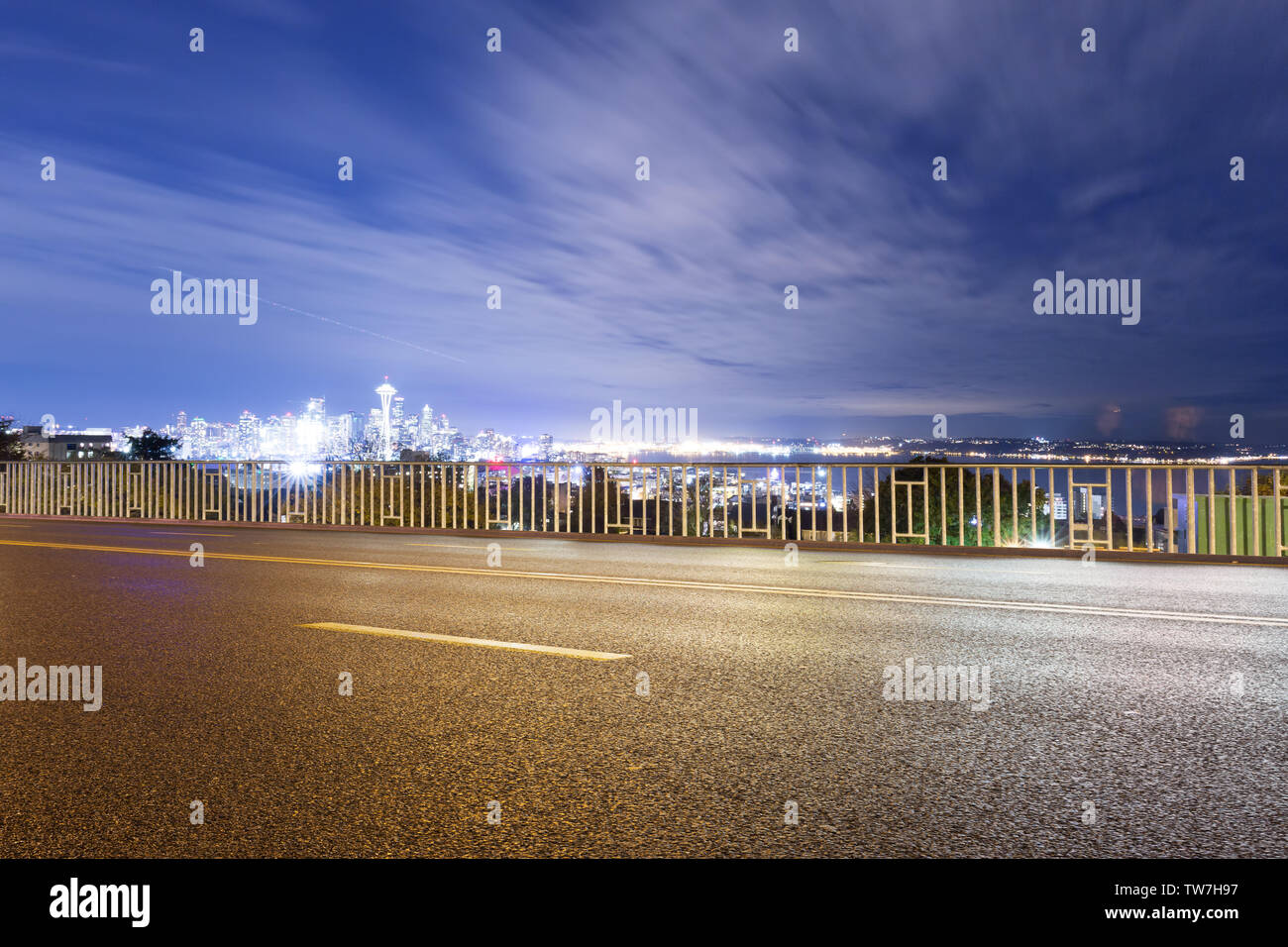 empty asphalt road with cityscape and skyline of seattle Stock Photo ...