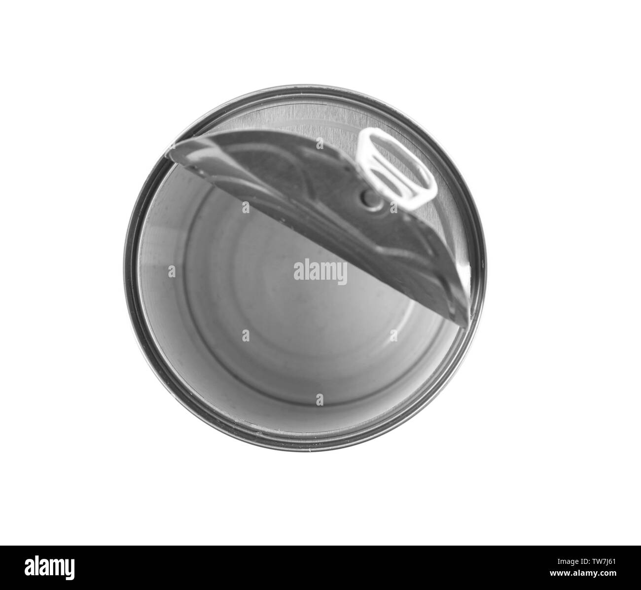 Open tin can on white background Stock Photo - Alamy