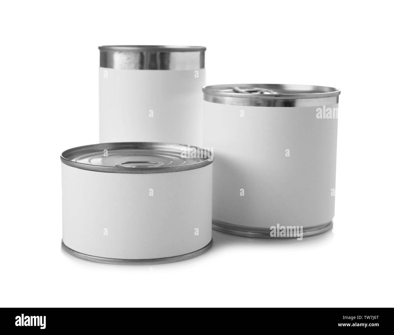Different tin cans on white background Stock Photo - Alamy