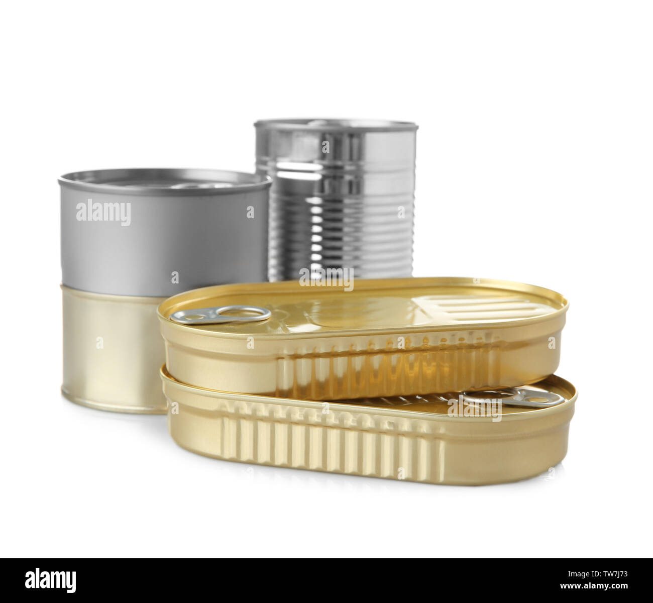 Different tin cans on white background Stock Photo - Alamy