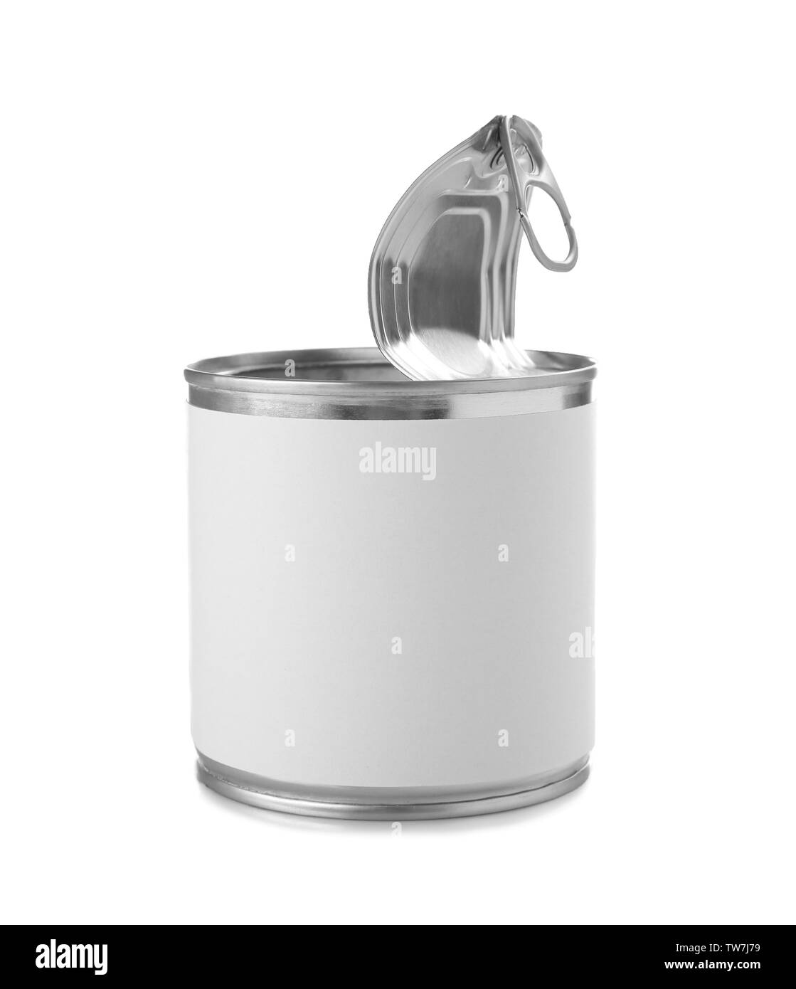 Open tin can on white background Stock Photo - Alamy