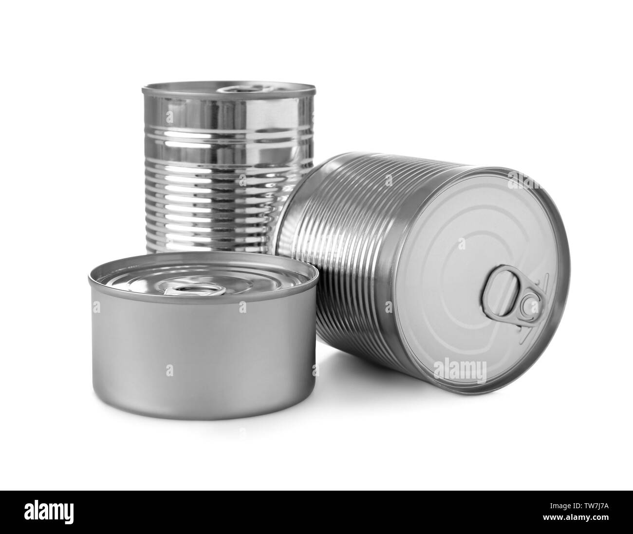 Different tin cans on white background Stock Photo - Alamy
