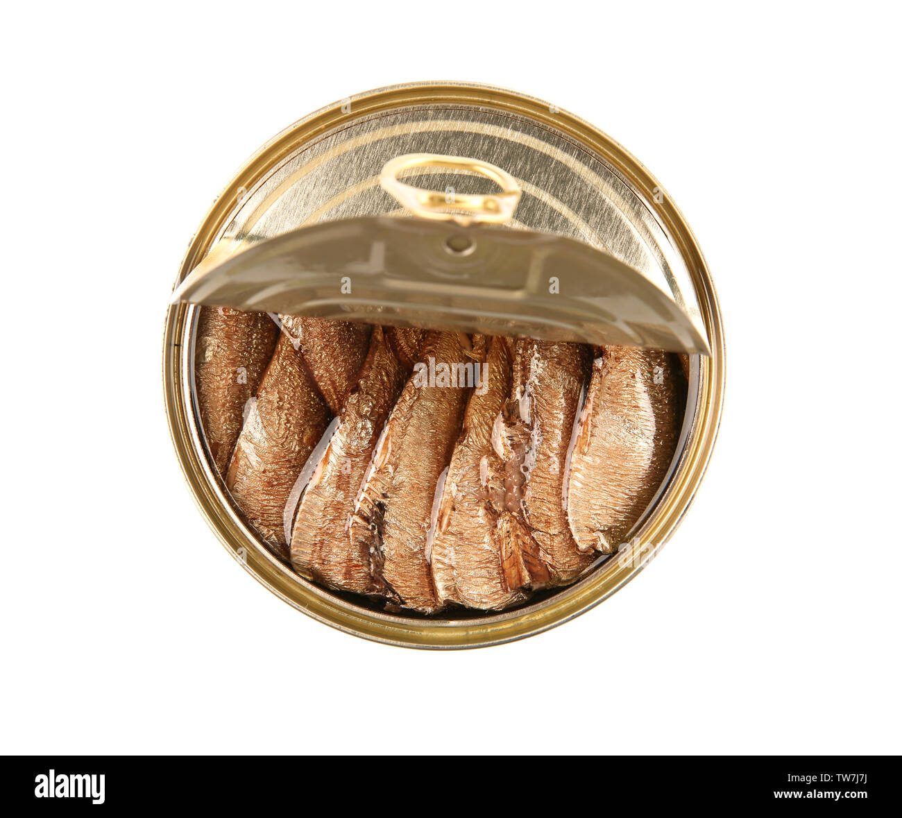 Open tin can with fish on white background Stock Photo - Alamy