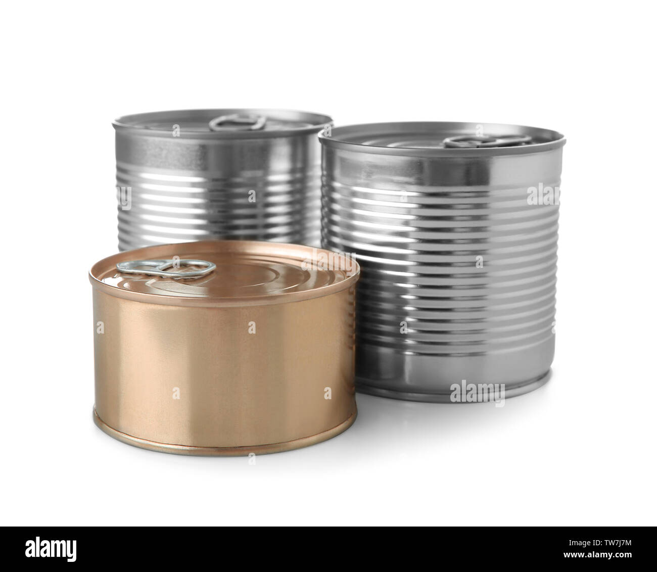 Different tin cans on white background Stock Photo - Alamy