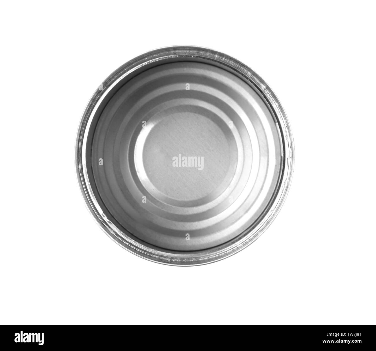 Open tin can on white background Stock Photo - Alamy