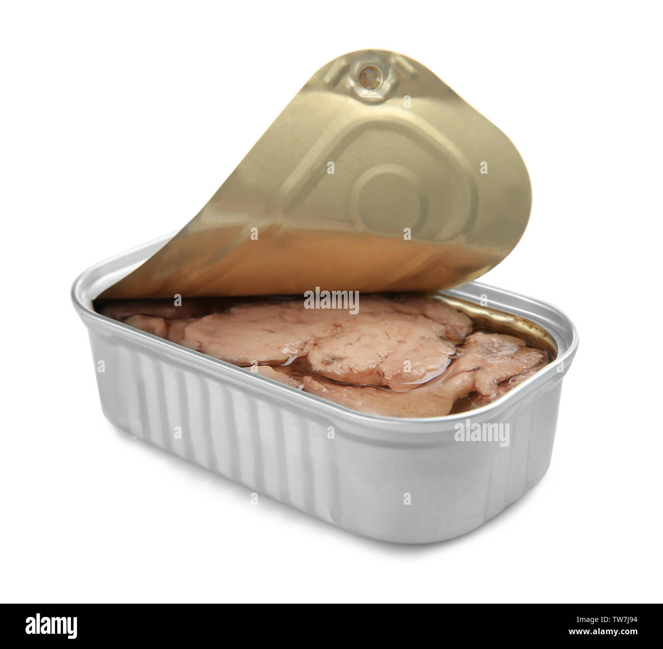 Open tin container with cod liver on white background Stock Photo - Alamy