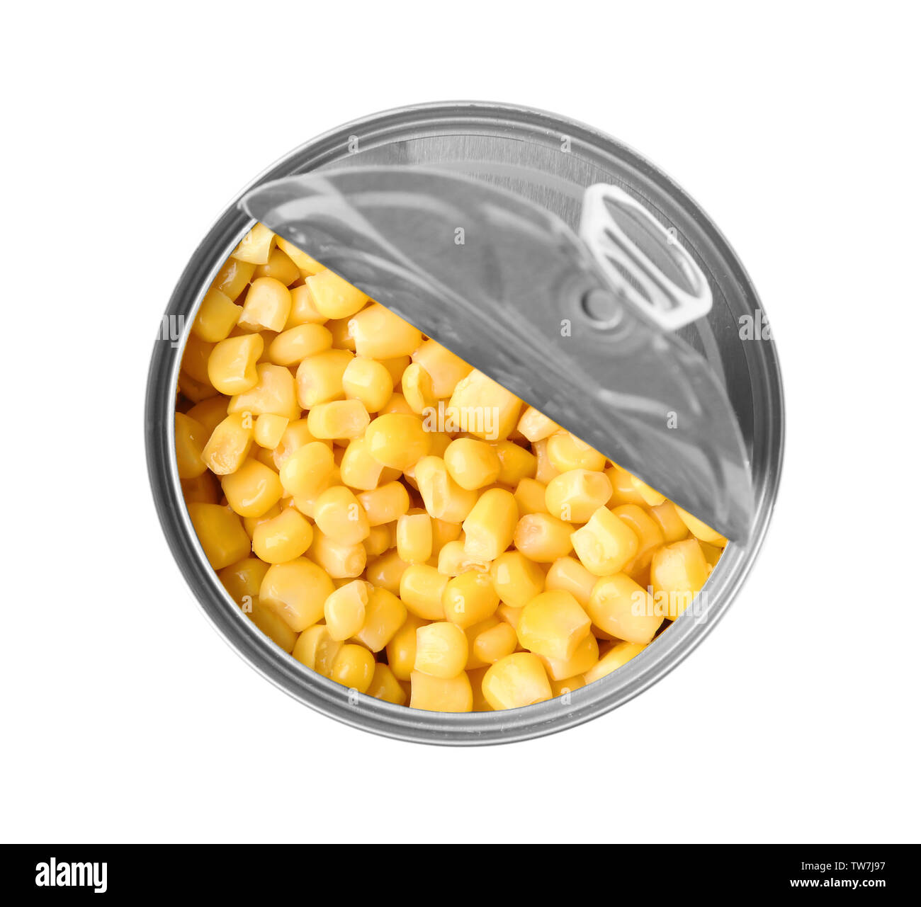 Open tin can with corn kernels on white background Stock Photo - Alamy
