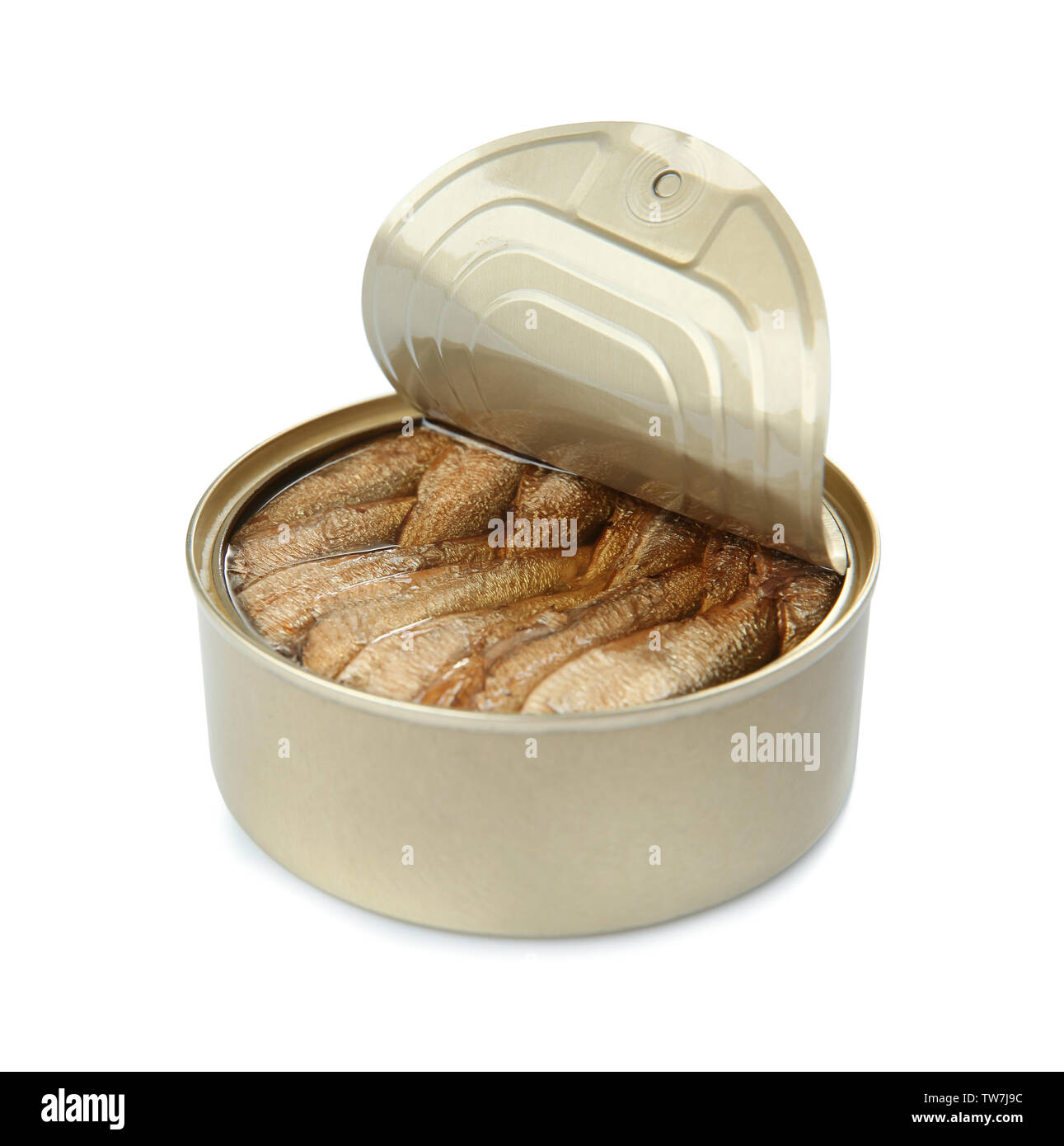 Open tin can with fish on white background Stock Photo - Alamy