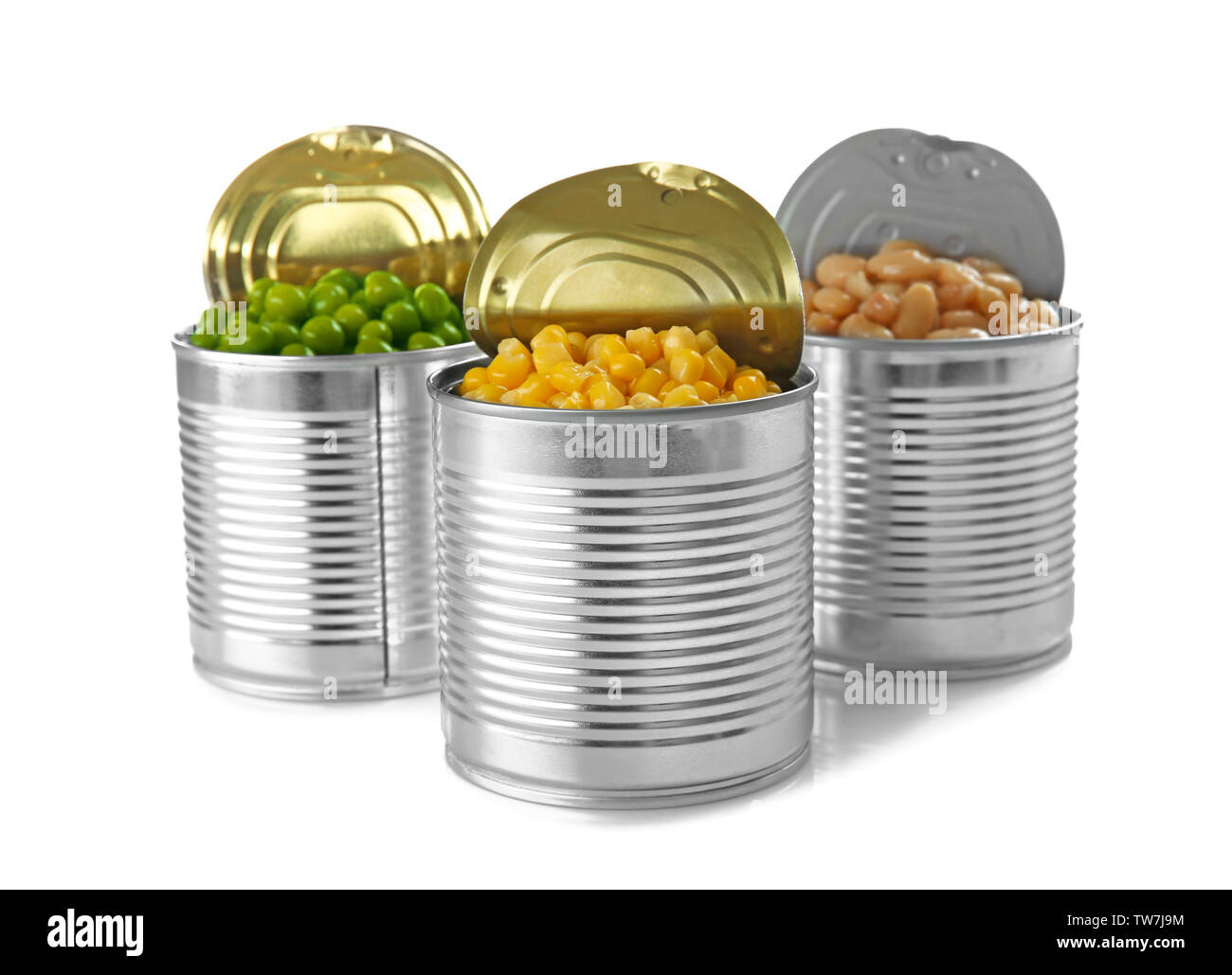 Open tin cans with different food on white background Stock Photo - Alamy