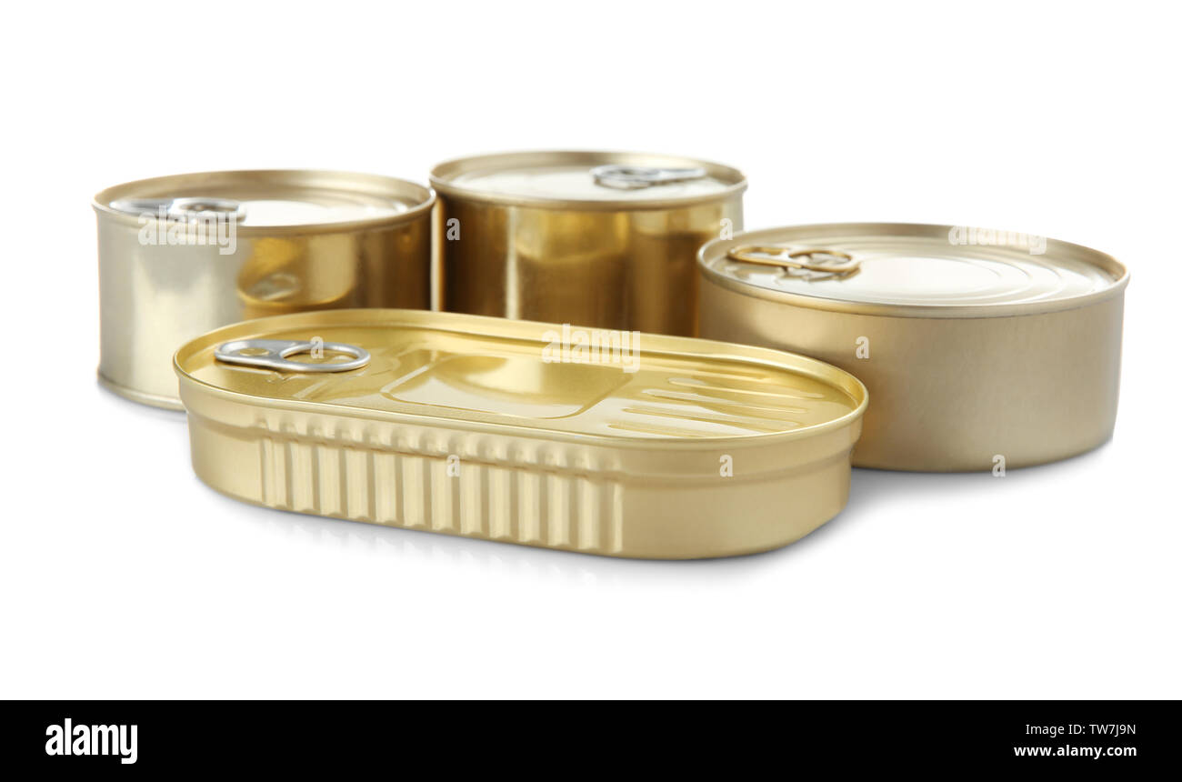 Different tin cans on white background Stock Photo - Alamy