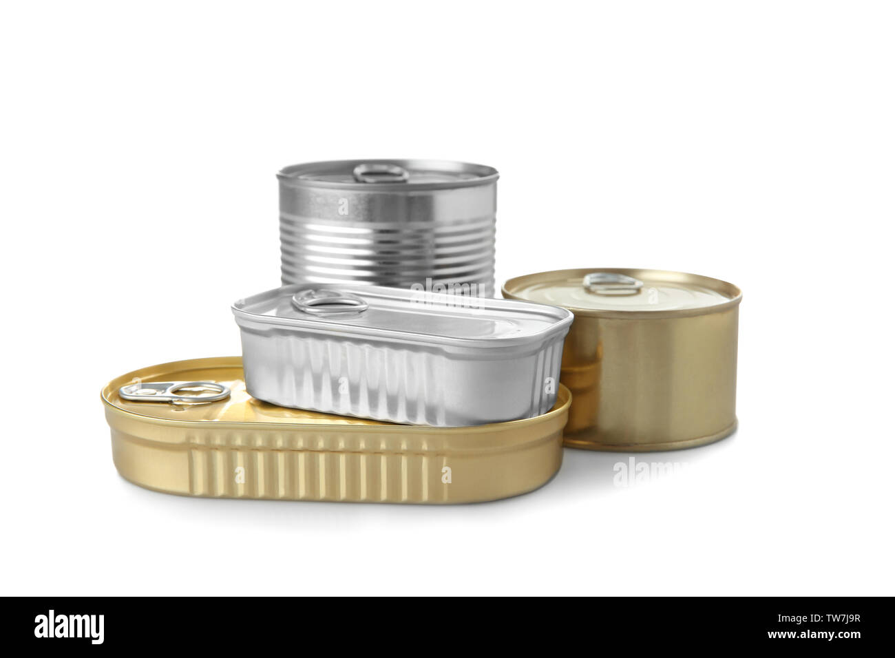 Different tin cans on white background Stock Photo - Alamy