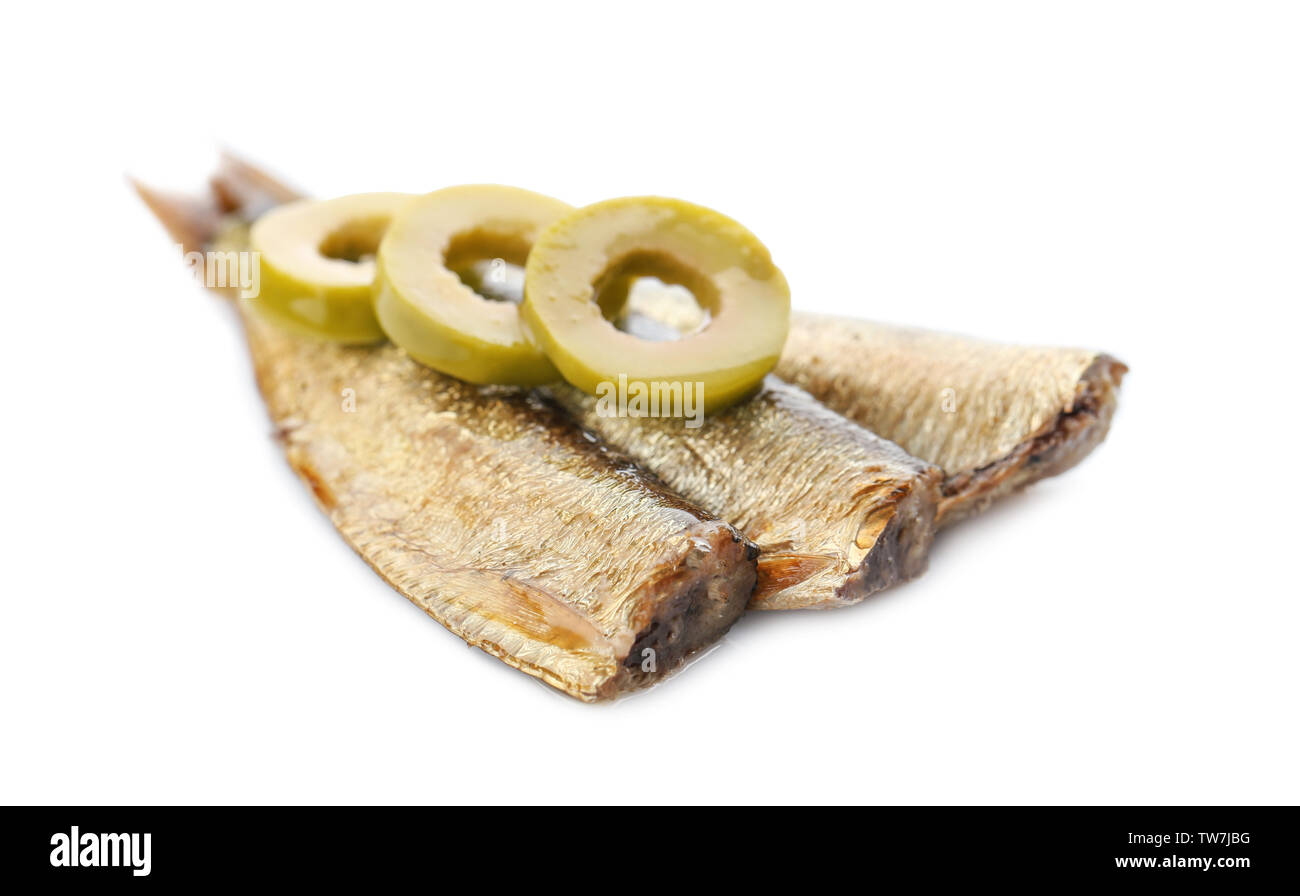 Canned fish with olives on white background Stock Photo - Alamy