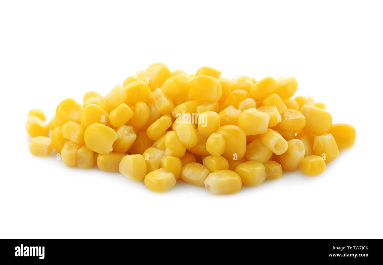 Canned corn kernels on white background Stock Photo - Alamy