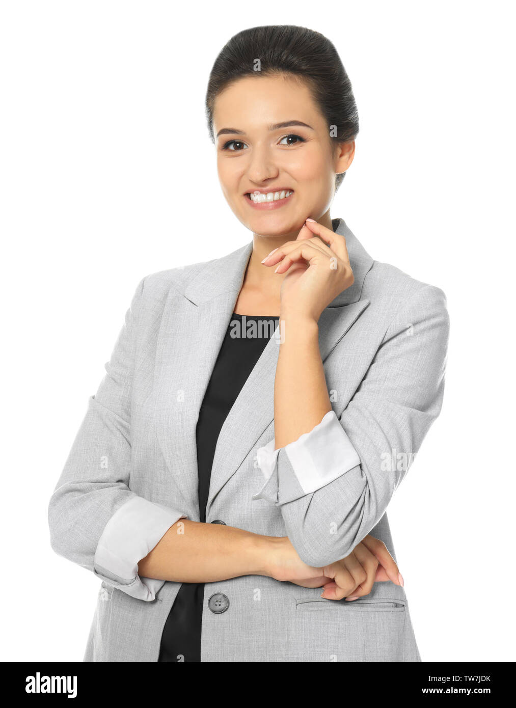 Beautiful young manager on white background Stock Photo - Alamy