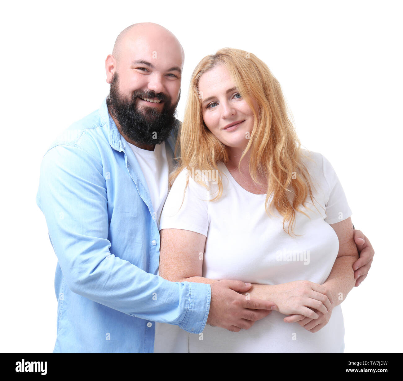 Overweight couple on white background Stock Photo - Alamy
