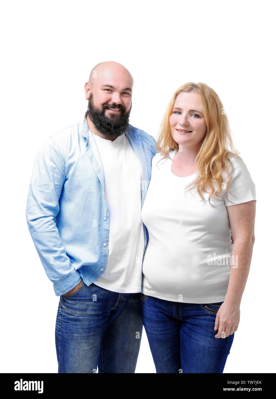 Overweight couple on white background Stock Photo - Alamy