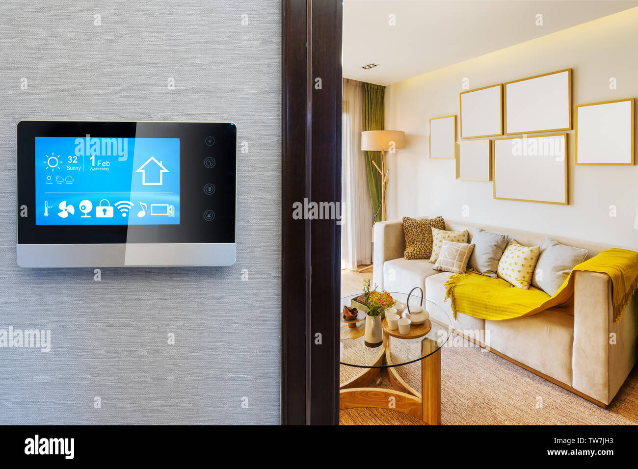 smart screen with smart home with modern living room Stock Photo - Alamy