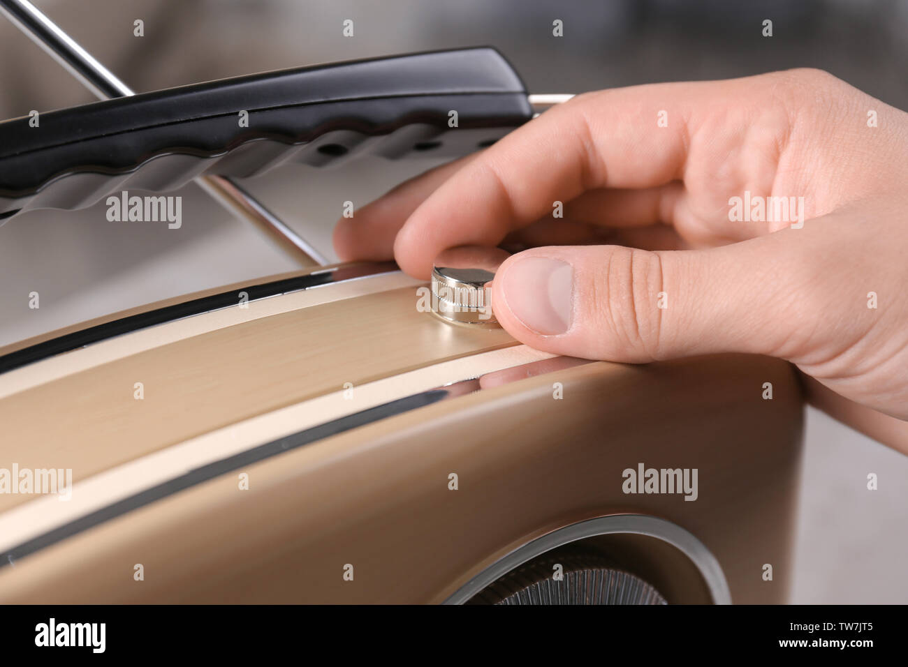 Person tuning retro radio, closeup Stock Photo - Alamy
