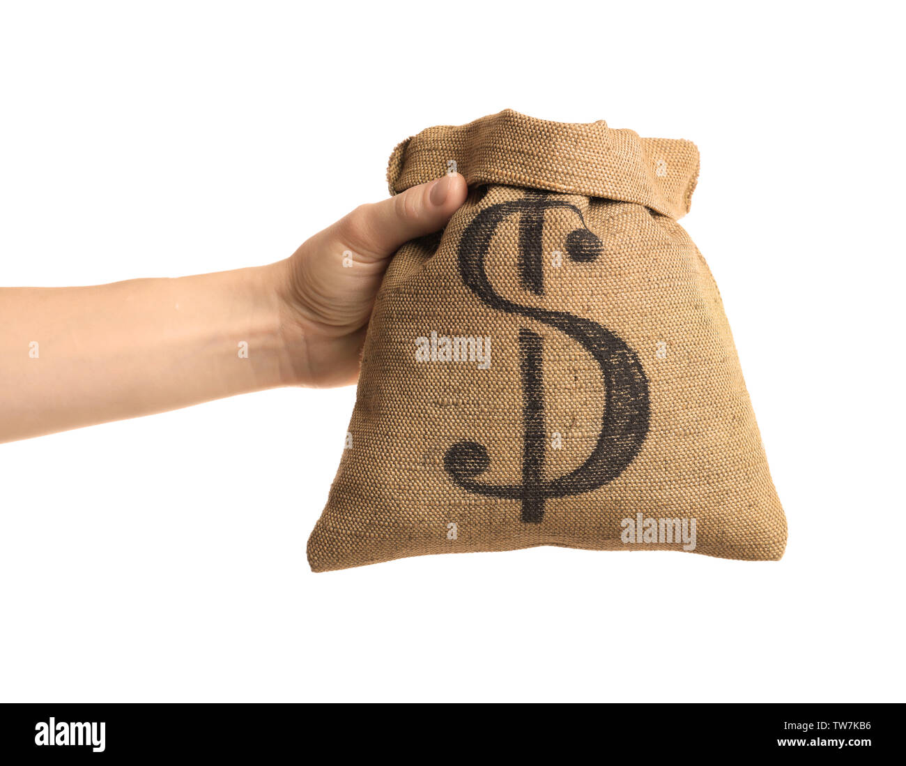 Woman holding sack of dollars, isolated on white Stock Photo - Alamy