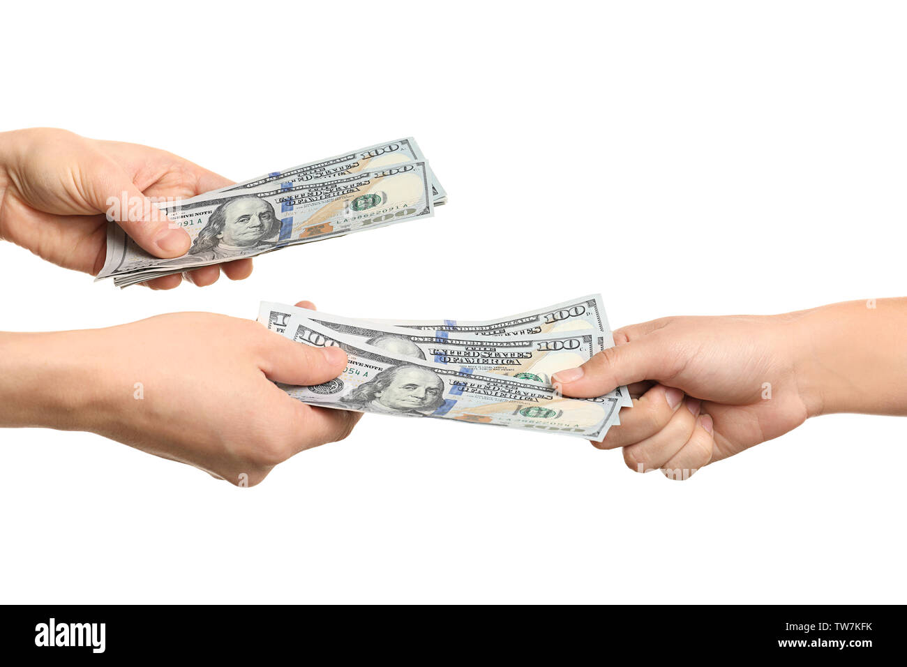 Women passing money, isolated on white Stock Photo - Alamy