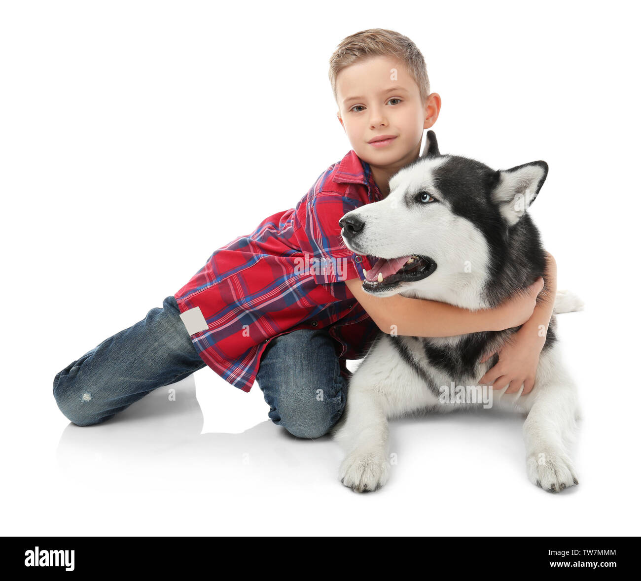 Cute little boy with Husky dog on white background Stock Photo - Alamy