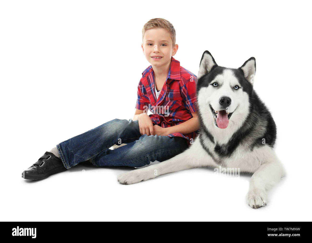 Cute little boy with Husky dog on white background Stock Photo - Alamy