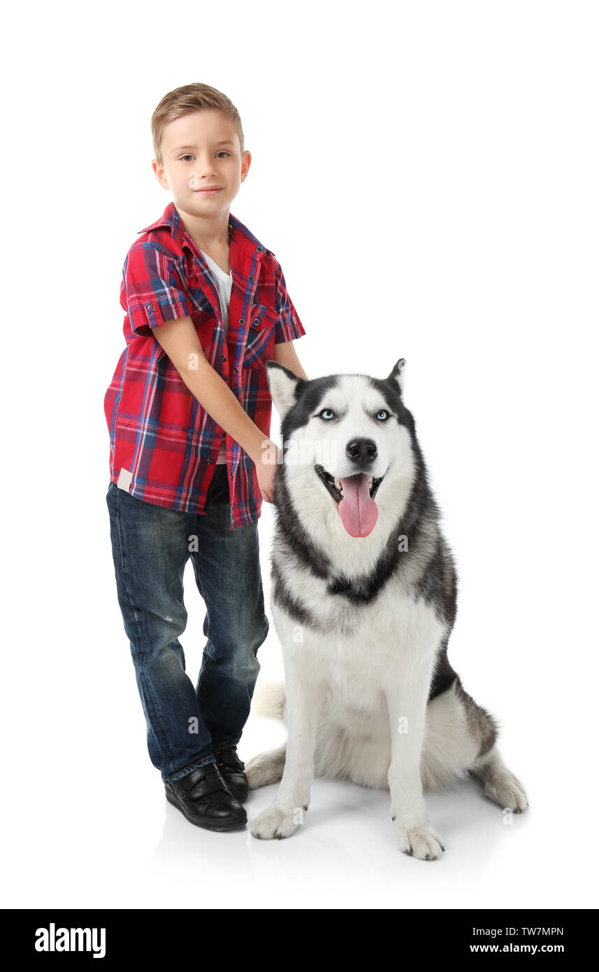 Cute little boy with Husky dog on white background Stock Photo - Alamy