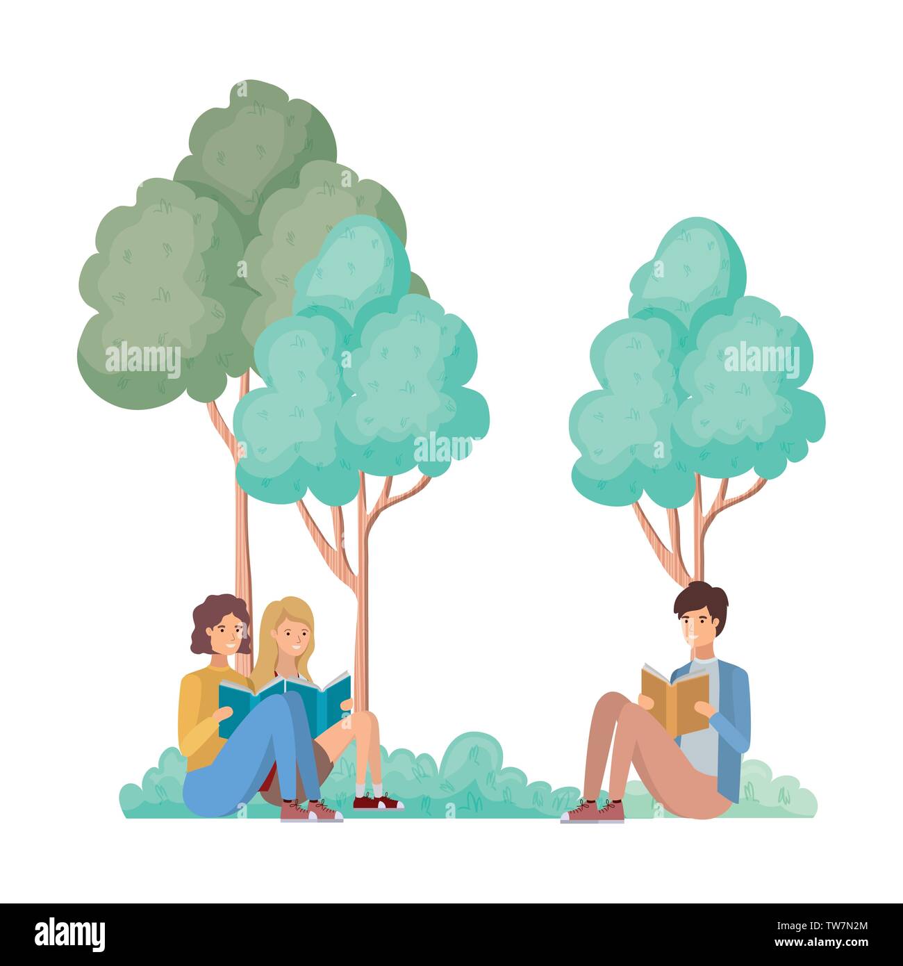 group of people sitting with book in landscape Stock Vector Image & Art ...