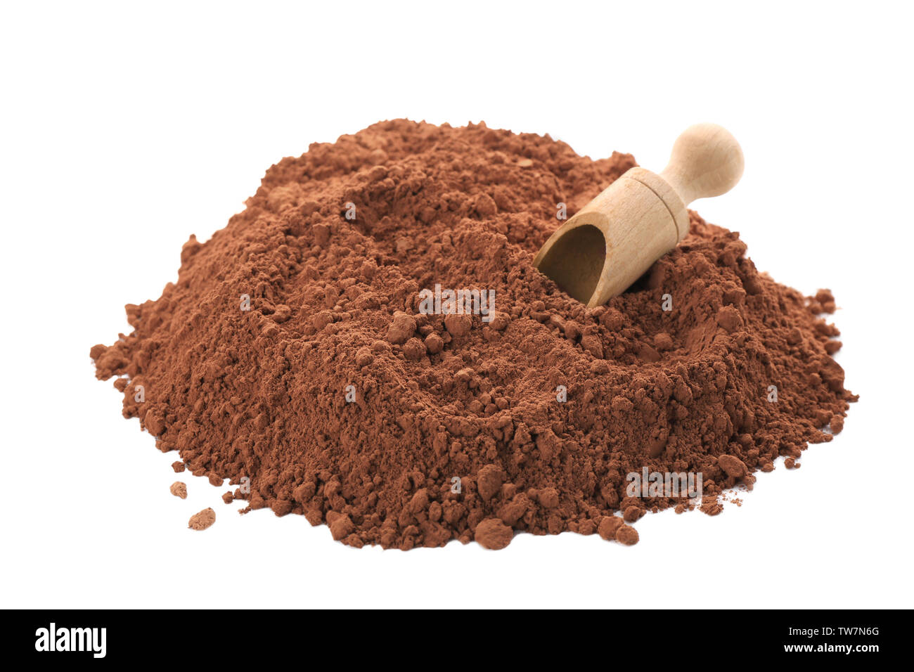 Wooden scoop with heap of healthy cocoa powder on white background ...