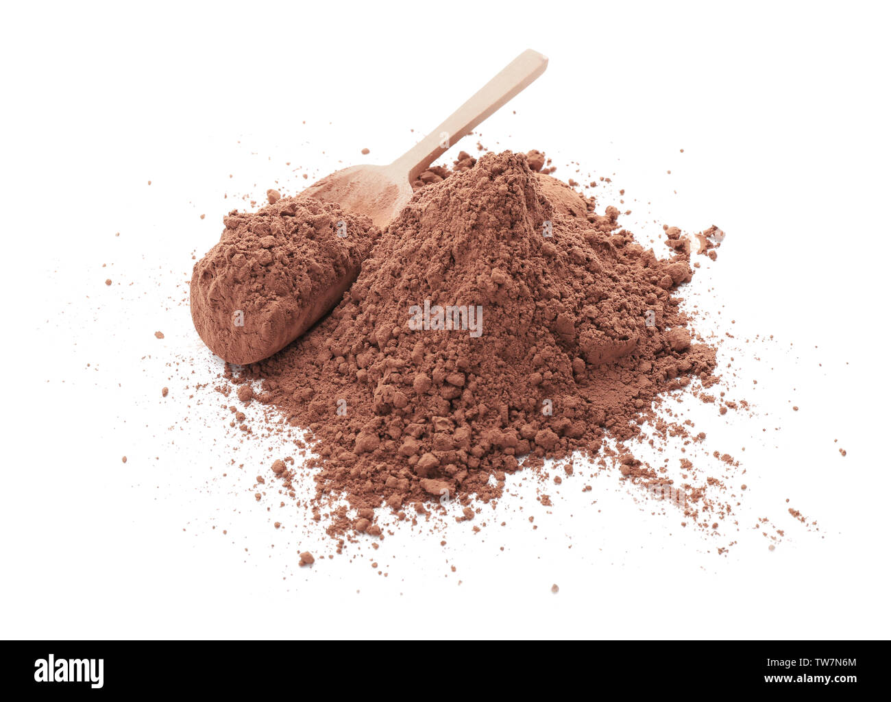 Wooden scoop with heap of healthy cocoa powder on white background ...