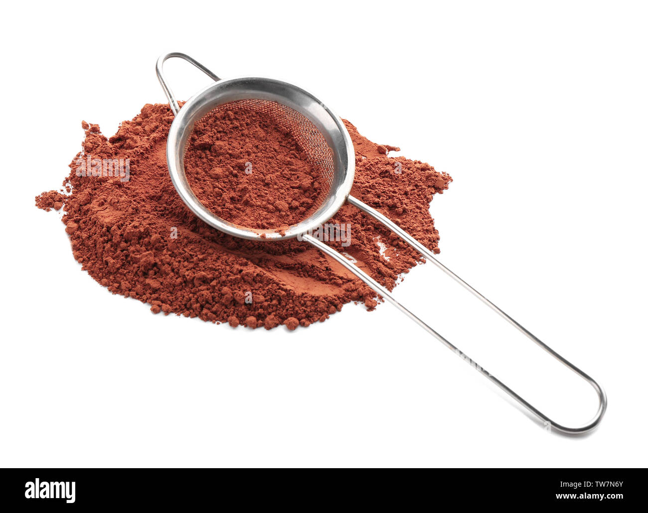 Sieve with heap of healthy cocoa powder on white background Stock Photo ...