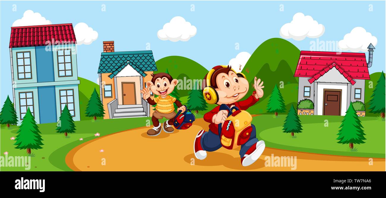 Monkey cartoon going to school illustration Stock Vector Image & Art ...
