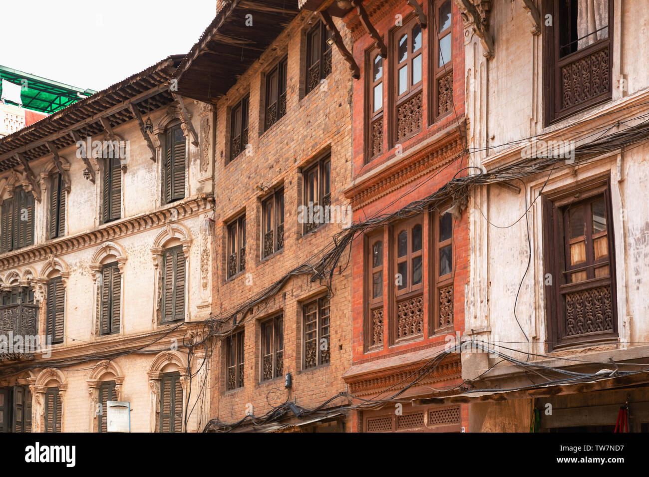 Nepali architecture in curved city street, Bhaktapur, Province No. 3 ...