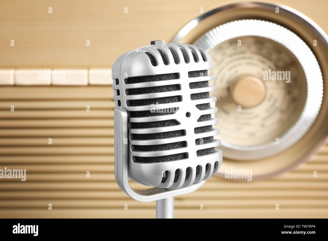 Retro microphone and radio, closeup Stock Photo - Alamy