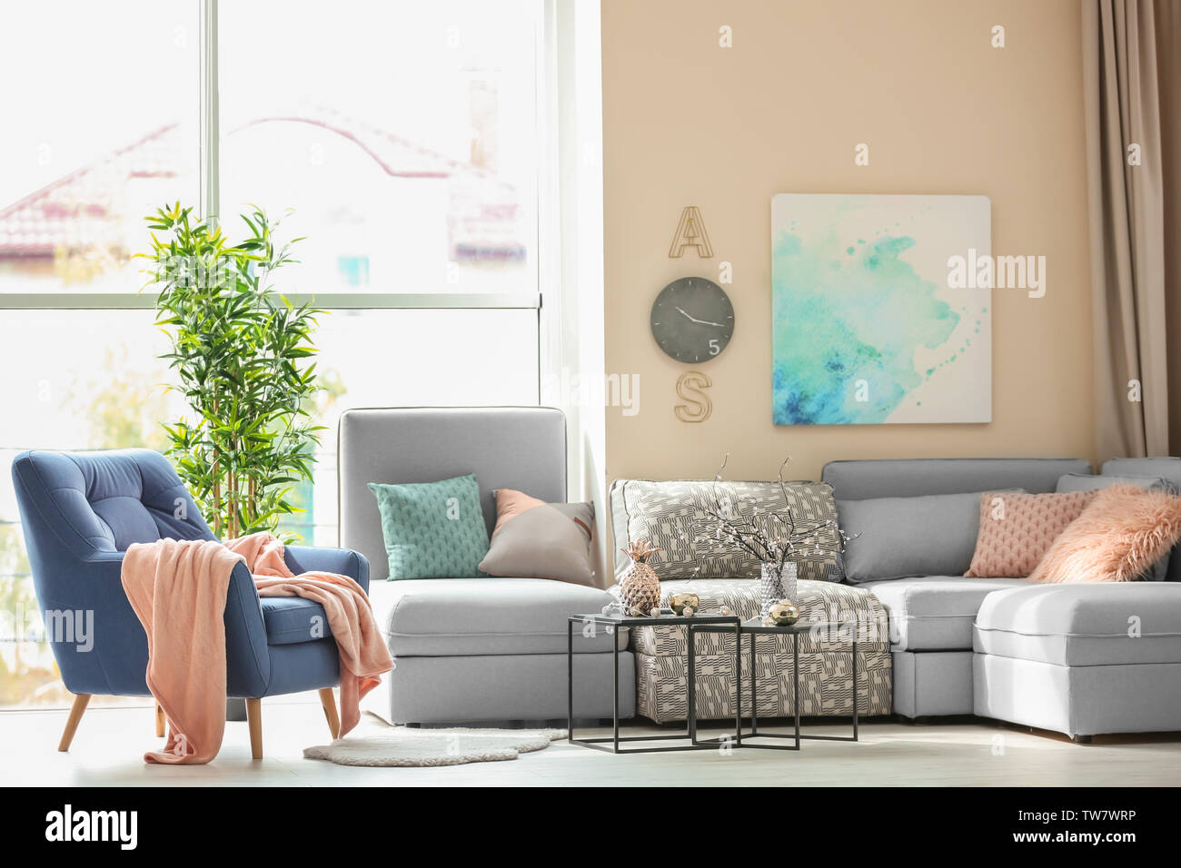 Design of modern living room with comfortable furniture Stock Photo - Alamy