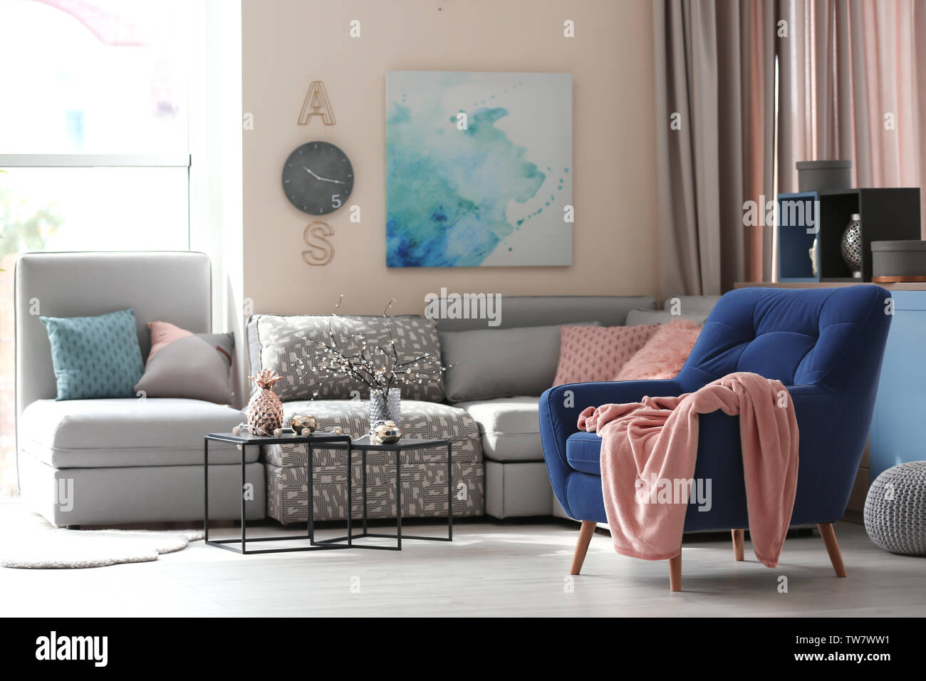 Design of modern living room with comfortable furniture Stock Photo - Alamy