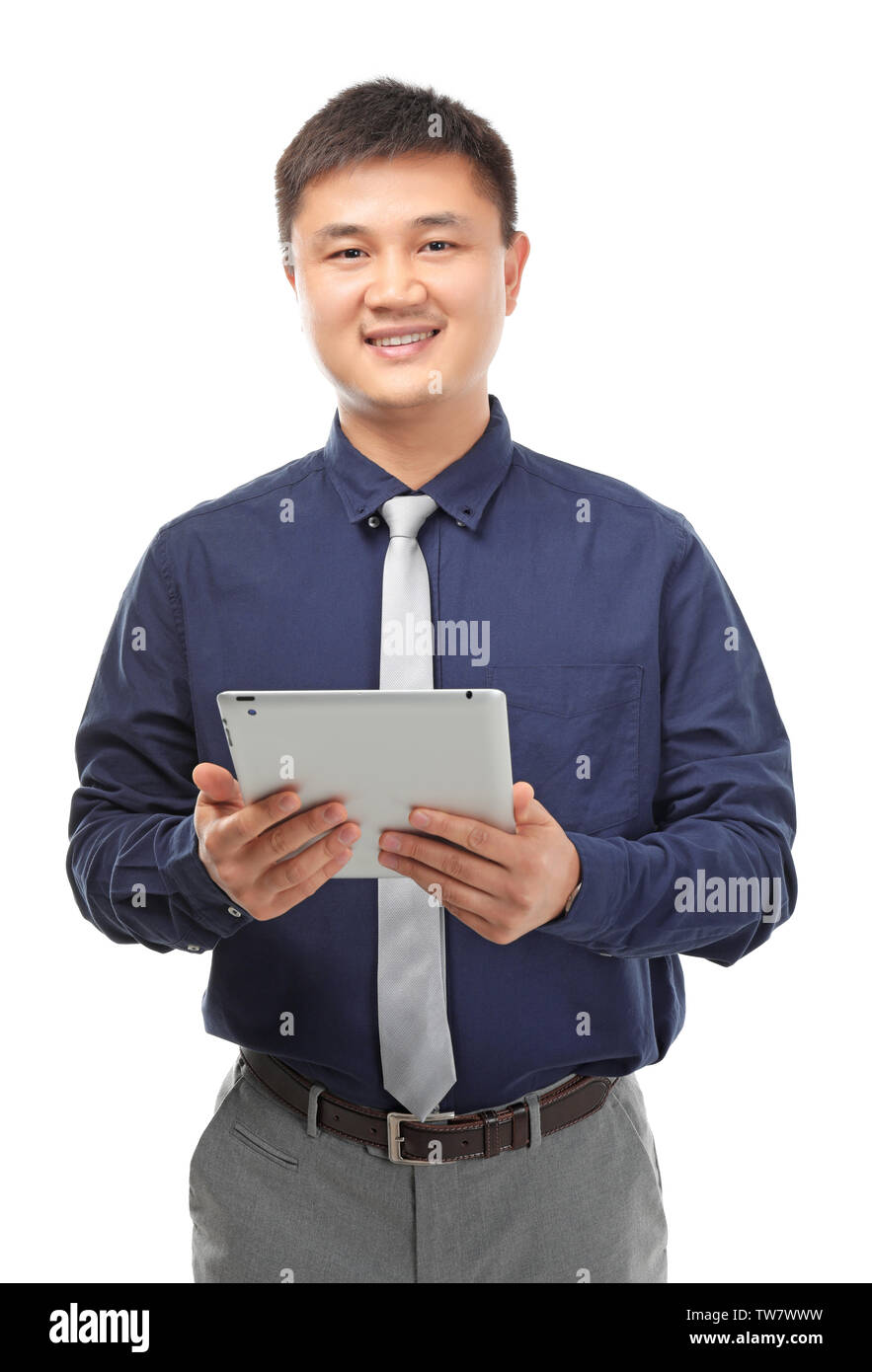 Young manager on white background Stock Photo - Alamy