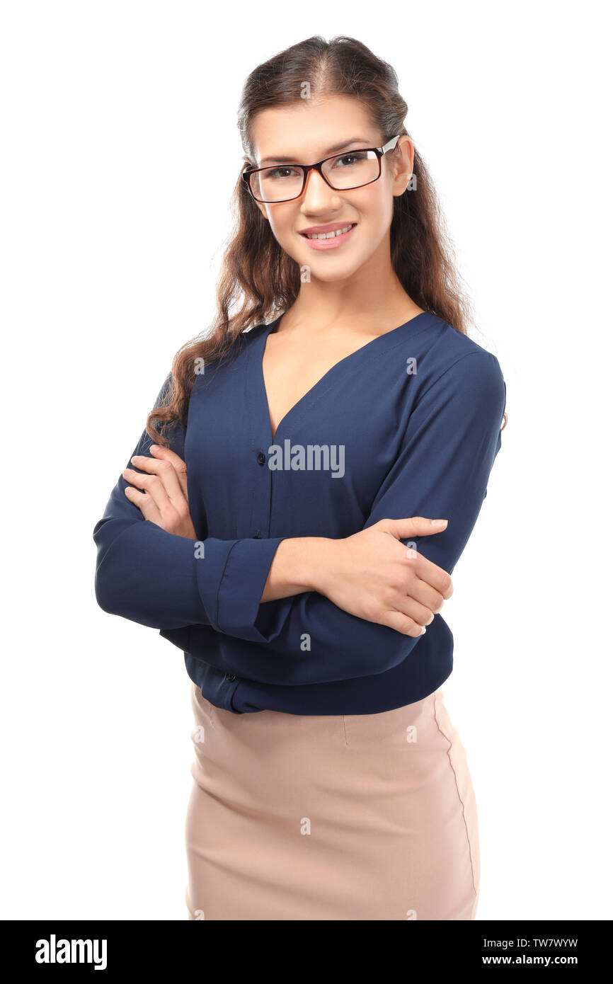 Young manager on white background Stock Photo - Alamy