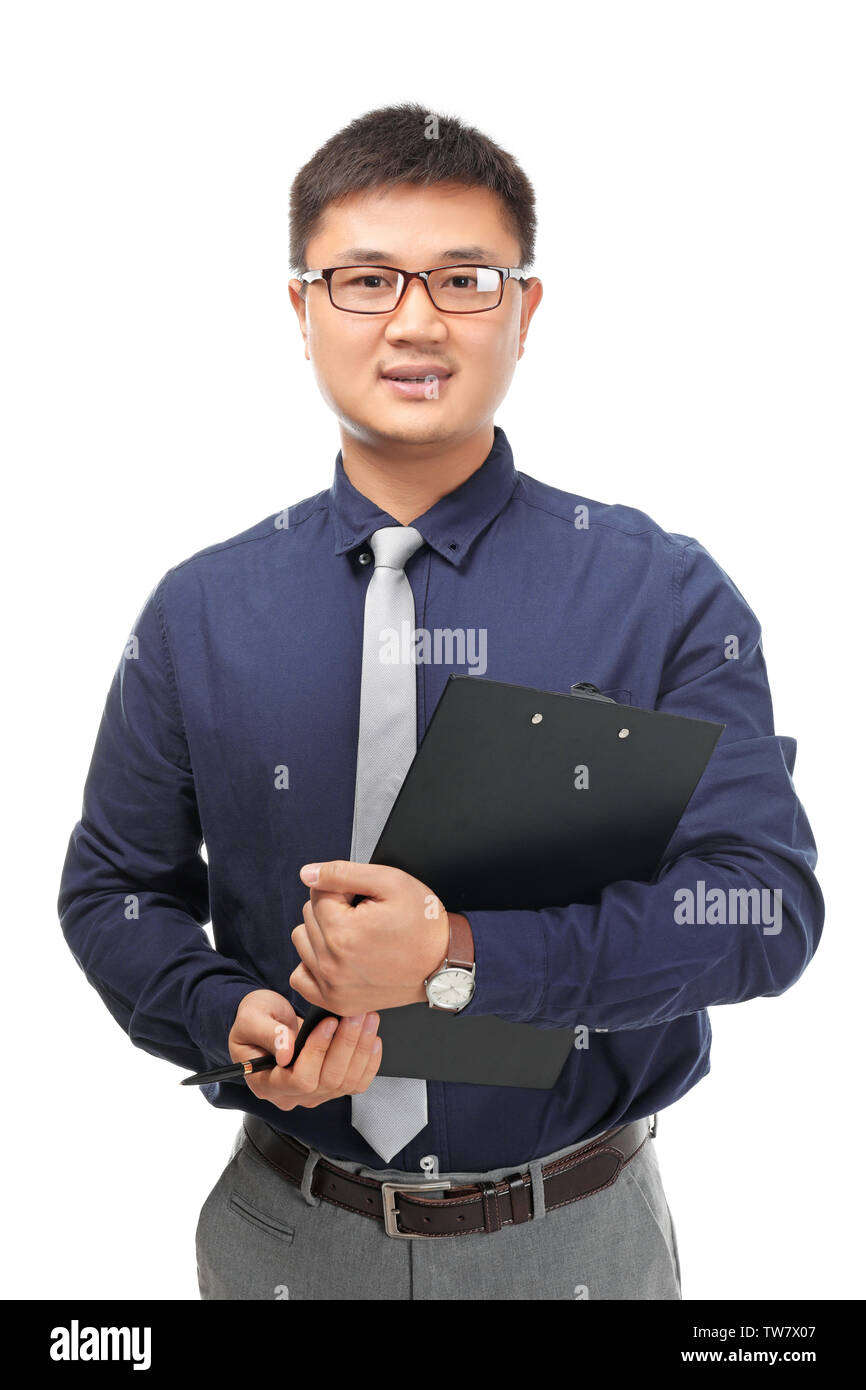 Young manager on white background Stock Photo - Alamy